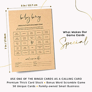 Baby Shower Bingo Game (50 Unique Cards), Pre-filled, Added Word Scramble, Fun Baby Shower Games for Boy or Girl (Kraft)