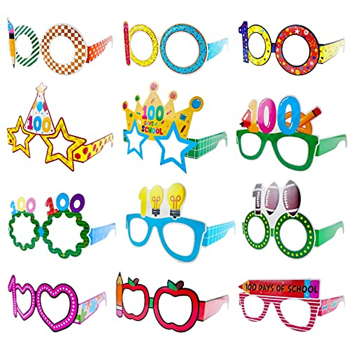 RFM4S 100th Day of School Glasses 36 PCS 100 Days of School Paper Glasses for Kids Colorful 100 Days of School Decorations Photo Booth Props 100 Days of School Celebration Party Favors