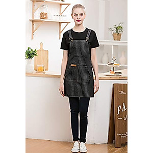 Denim Cross-Back Chef Bib Apron with Pockets for Men and Women (Black Stripe)