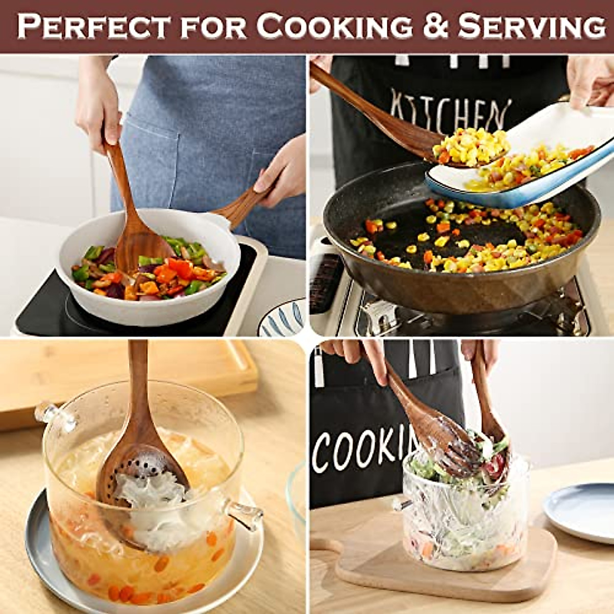 NAYAHOSE Wooden Spoons for Cooking, 6 Pcs Wooden Utensils for Cooking, Natural Teak Wood Non-Stick Cooking Spoons, Comfort Grip Wood Utensils Set for Kitchen