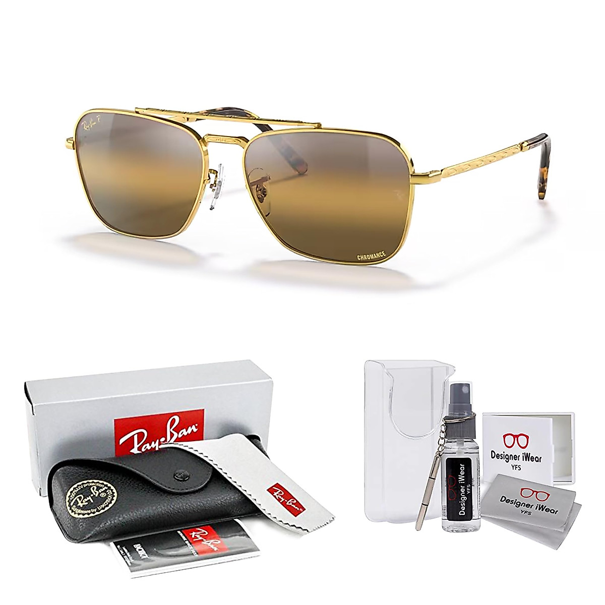 Ray-Ban New Caravan RB3636 9196G5 58MM Legend Gold/Crystal Lens Polarized Clear Gradient Dark Brown Mirror Chromance Square Sunglasses for Men for Women + BUNDLE With Designer iWear Eyewear Kit