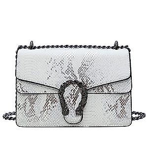Crossbody Shoulder Square Purse For Women - Fashion Embossed Snake, Small Quilted Crossbody Bags for Women Snake Printed purses for women Large capacity shoulder bag designer handbags, White