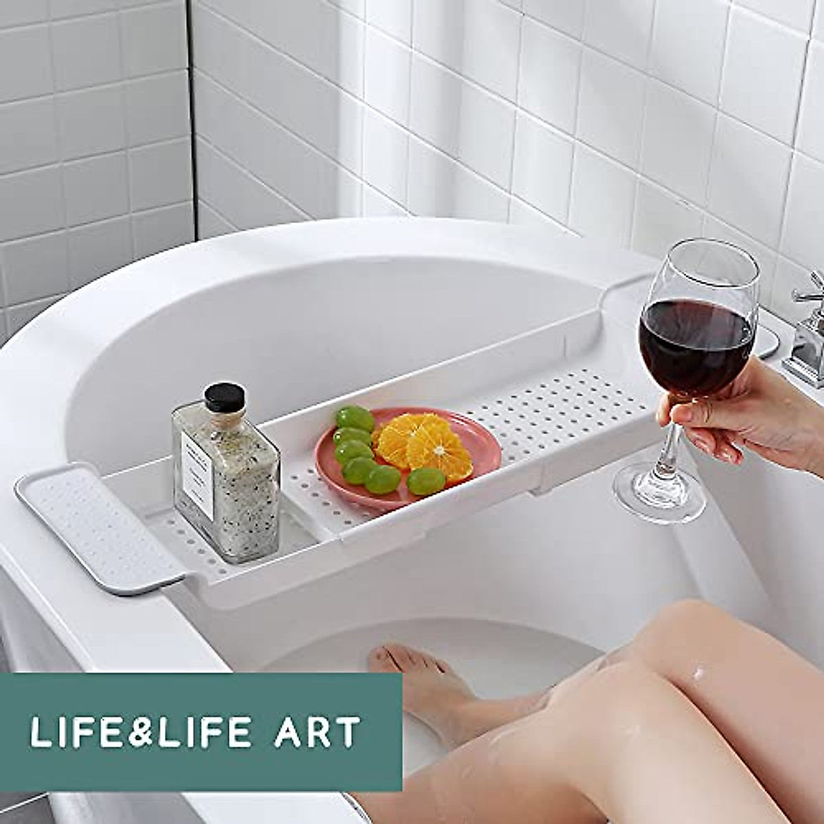 JUSHUMAOYI - Adjustable Bathtub Caddy Tray- Bath Tub Table Caddy -Bath Tray for Bathtub -White