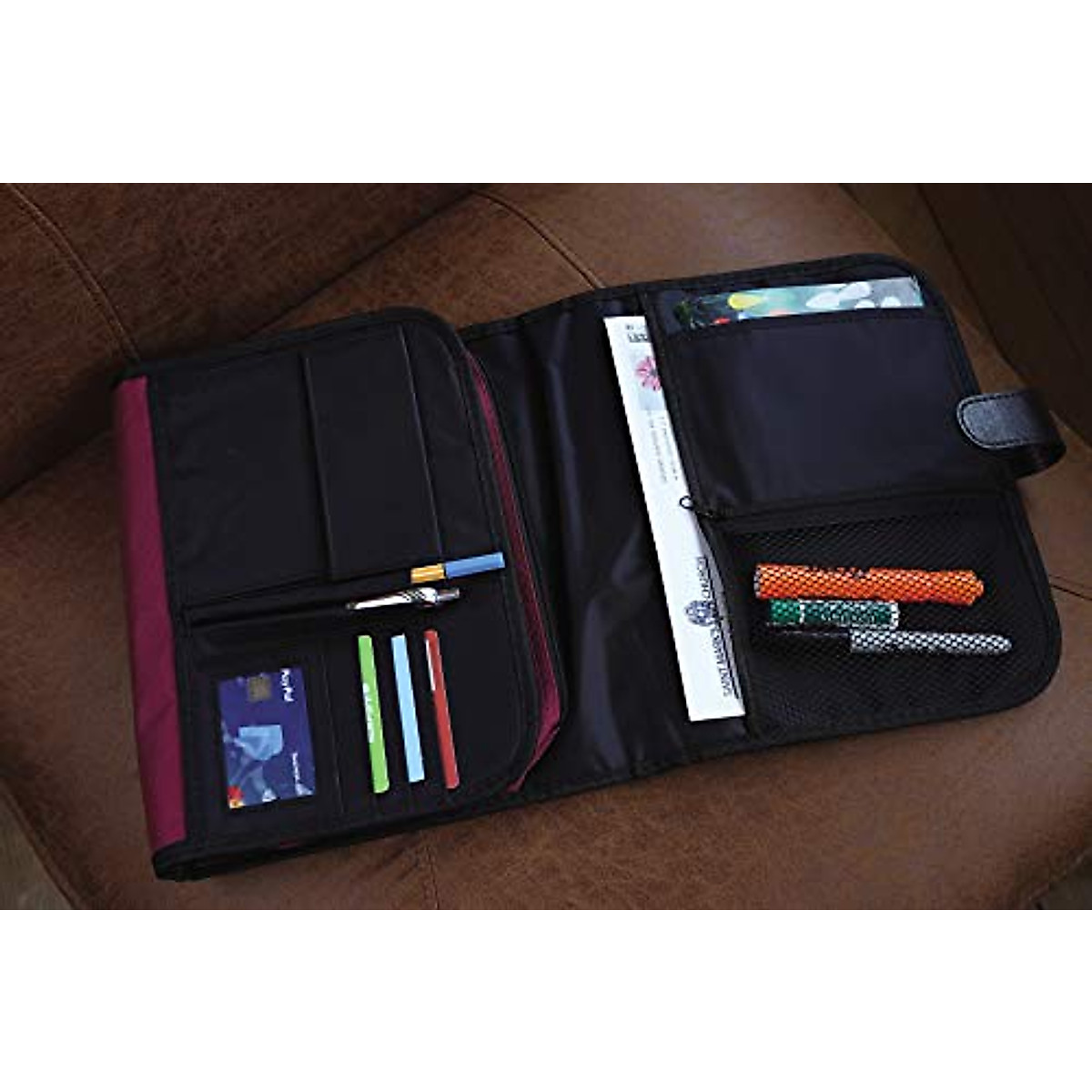 Tri-Fold Bible Cover, Bible Study Organizer, Velcro Closure, Nylon, Cranberry/Black, Extra Large