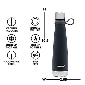 Costablue Insulated Water Bottle - On-The-Go Refillable Stainless Steel Water Bottles For Adults, Reusable Thermos Travel Tumbler With Leak-proof Lid For Hot & Cold Beverages (17 Oz. Matte Black)
