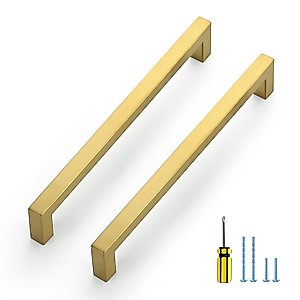 Ravinte 10 Pack Gold Cabinet Pulls 8 Inch Brushed Brass Kitchen Cabinet Handles Gold Square Kitchen Hardware for Cabinet Gold Kitchen Drawer Pulls Come with Screwdriver