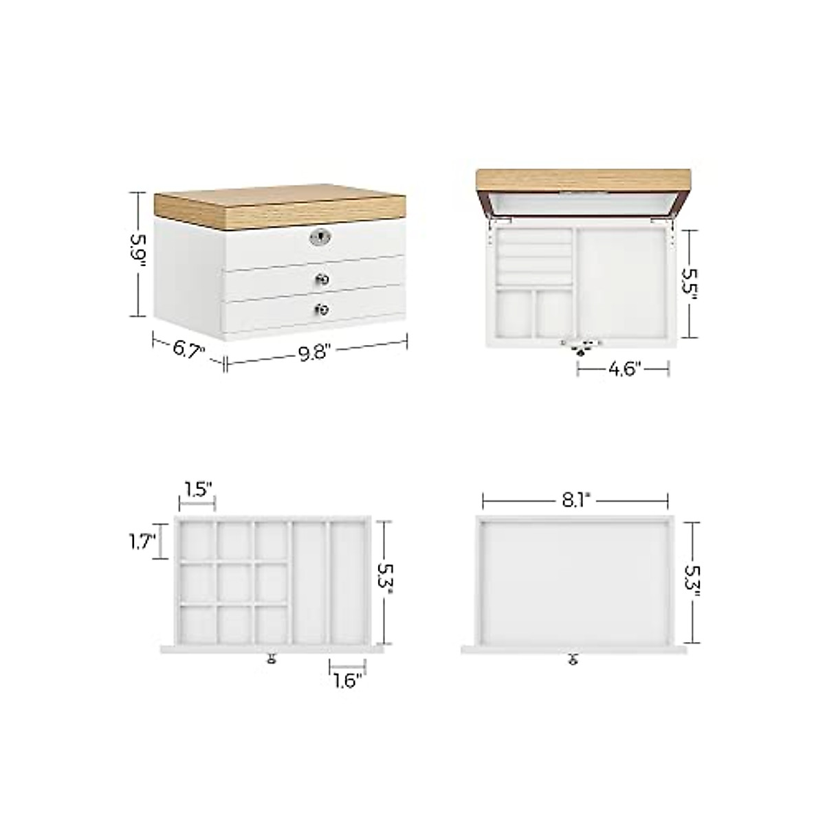 SONGMICS Jewelry Box, 3-Tier Jewelry Organizer Box, Locking Jewelry Case with Large Mirror, 2 Drawers, Gift Idea, for Rings, Earrings, Bracelets, Necklaces, White and Wood Grain Color UJOW15WN