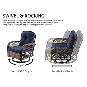 SHA CERLIN 3 Pieces Patio Furniture Set, Outdoor Swivel Glider Rocker, Wicker Patio Bistro Set with Rocking Chair, Cushions and Table (Blue)