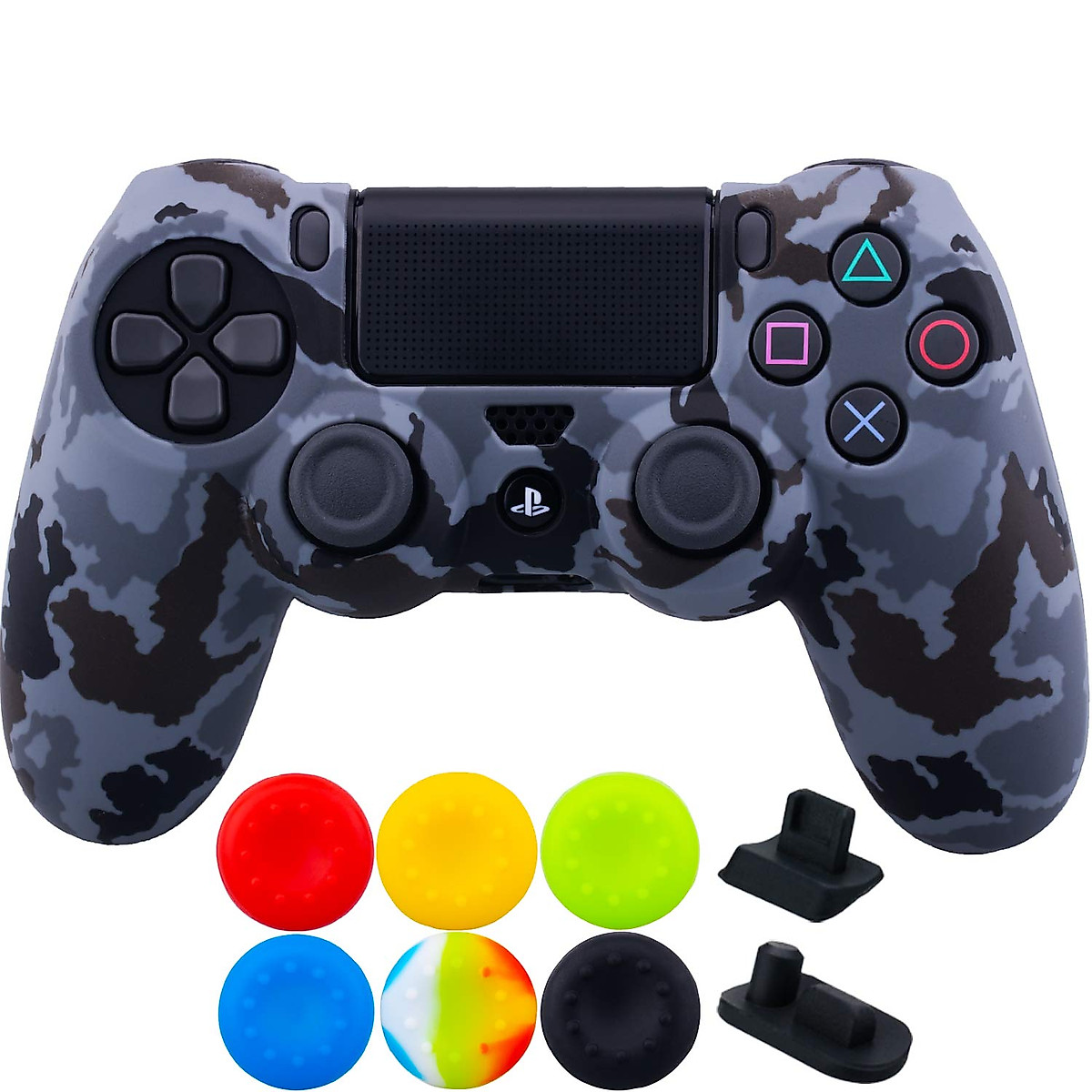 9CDeer 1 Piece of SiliconeTransfer Print Protective Cover Skin + 6 Thumb Grips & Dust Proof Plugs for PS4/Slim/Pro Controller Cartoon Skulls