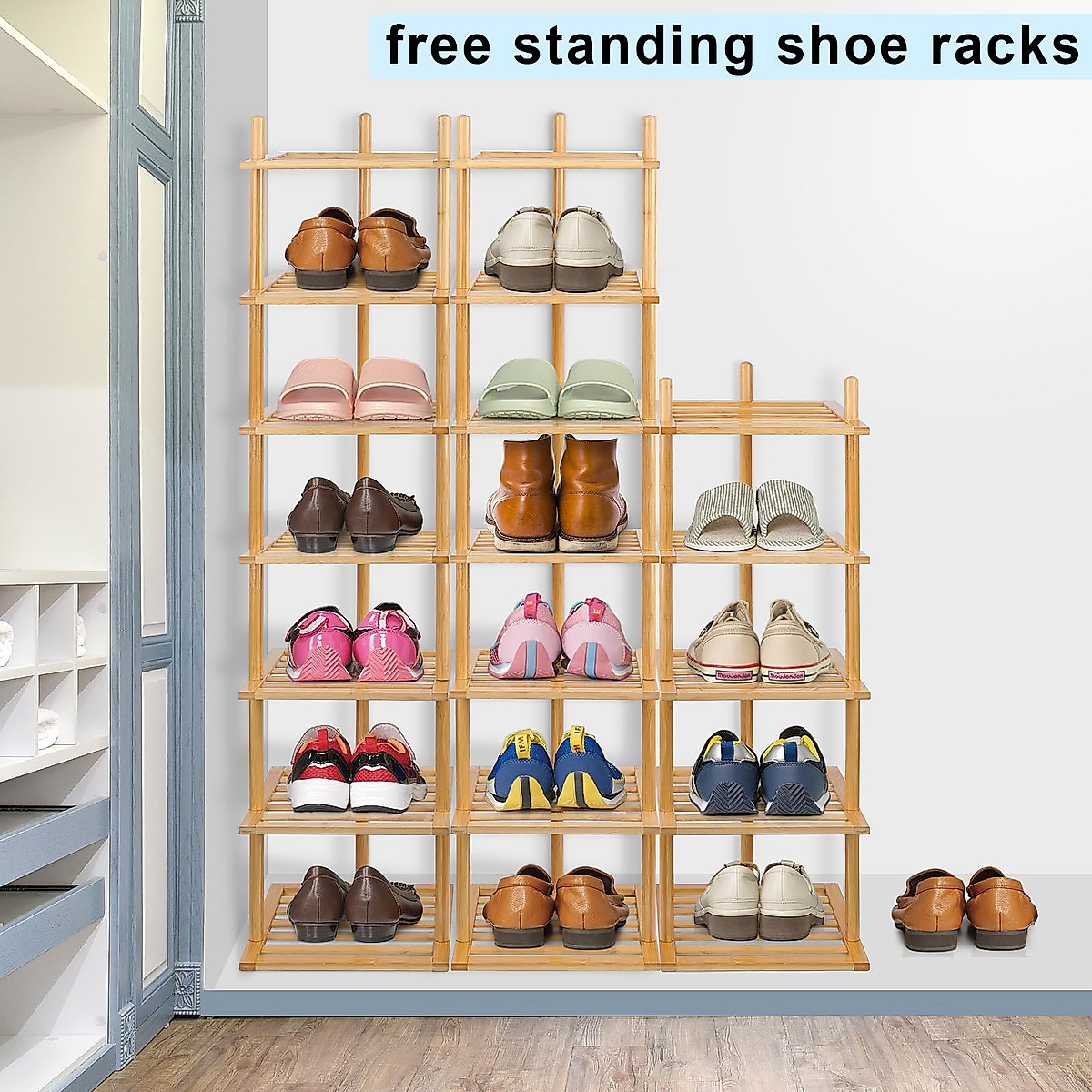 Tohomes 7-Tier Shoe Rack for Closet, Shoes Organizer Free Standing Shelf Entryway and Closet Hallway, Small Space Stackable Bamboo Multifunctional Racks Shoe Storage
