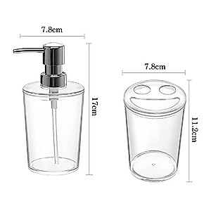 Bathroom Accessories Set 4, Lotion Soap Dispenser, Toothbrush Holder, 2 Apothecary Jars, Plastic Clear Countertop Storage Organizer for Bathroom Kitchen Farmhouse Decor (Transparent)