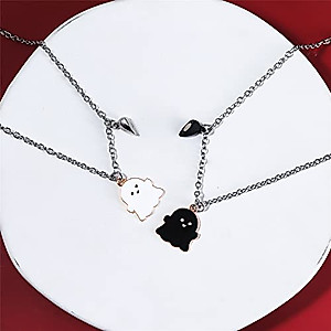2Pcs Lovely Magnetic Love Heart Ghost Pendant Necklace Set for Women Men Friend Girl Boy Teen Enamel Mutual Attract Magnet Couple Matching Necklace Halloween Jewelry Birthday BFF Gift-A black white