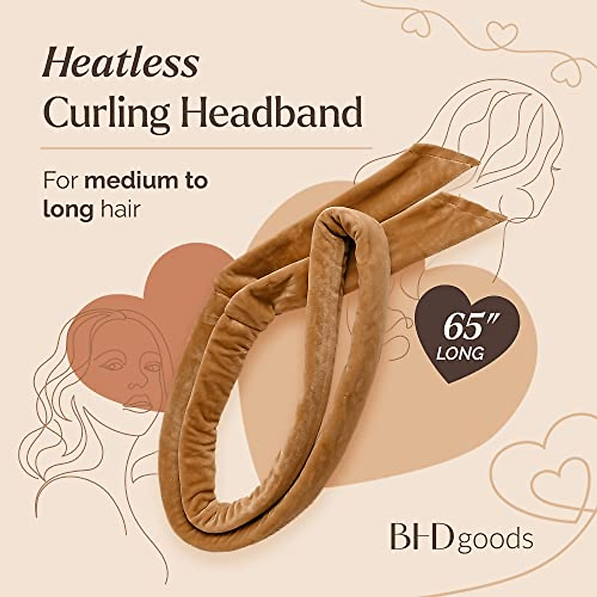 BHDbeauty No Heat Curling Headband You Can Sleep In- Heatless Overnight Natural Curls- Rod Ribbon Lazy Hair Curler Wrap Kit for Long Hair- Includes Bonus Airless Spray Bottle, Caramel, 5 Piece Set