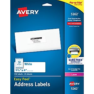 Avery Easy Peel Printable Address Labels with Sure Feed, 1-1/3" x 4", White, 350 Blank Mailing Labels (05262)