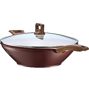 WaxonWare 12.5 Inch Non Stick Wok With Glass Lid Coated With Marbellous (A 100% PFOA & APEO Free German Non Stick Coating) - For Stir-Frying, Shallow Frying, Deep Frying & Braising