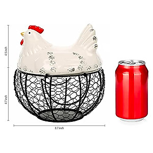 MyGift Black Metal Mesh Wire Egg Storage Basket with White Ceramic Farm Chicken Top Lid and Handles - Holds 30 Eggs