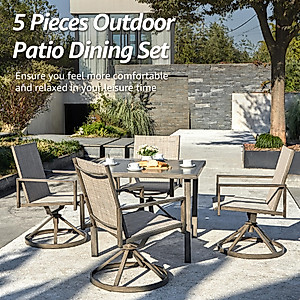 NATURAL EXPRESSIONS Patio Swivel Dining Set of 5, 4-Piece Mesh Sling High Back Chairs, 1-Piece 38" Square Woodgrain Steel Dining Table with 1.65'' Umbrella Hole for Outdoor Garden Yard