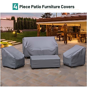 Mrrihand Patio Furniture Covers, 4 Piece Outdoor Furniture Cover Waterproof includ Ourdoor Sofa Cover, 2 Chair Covers, Coffee Table Cover with Windproof Buckle Strap and Adjustable Drawstring