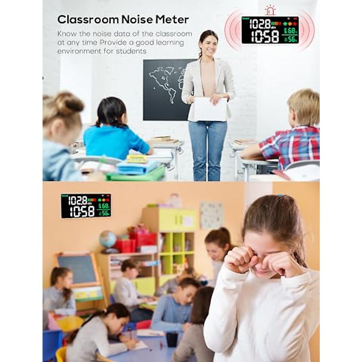 5-in-1 Decibel Meter Wall Hanging Sound Level Meter 30-130dB Range 11 Inch Large LED Display Noise & Time & Temperature & Humidity Meter Wide Applications for Home, Studio, Factory, Classroom