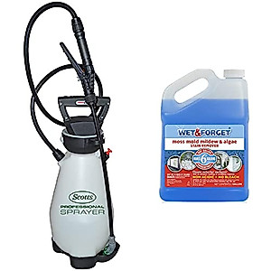 Scotts 190567 Lithium-Ion Battery Powered Pump Zero Technology Sprayer, 2-Gallon & Wet & Forget Moss, Mold, Mildew, & Algae Stain Remover Multi-Surface Cleaner Concentrate, Original, 128 Fluid Ounces