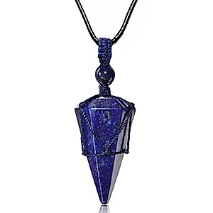 Top Plaza 6 Facet Reiki Healing Crystal Lapis Lazuli Stone Pointed Pendant Necklaces Adjustable Natural Gemstone Necklace Reiki Quartz Jewelry for Women Men