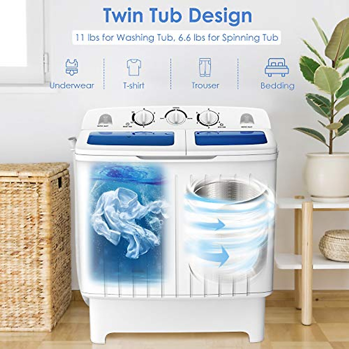 RELAX4LIFE Portable Washing Machine Compact Twin Tub 17.6 lbs with Wash (11 lbs) and Spin (6.6 lbs) Cycle, Time Control and Drain Hose, Mini Laundry Washer for Camping, Apartments, Dorm and RV Washer