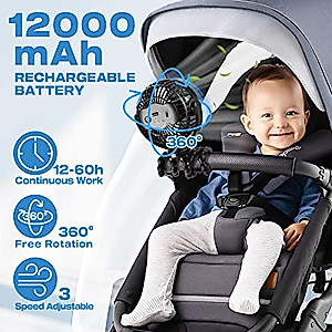 ABSKRYO Portable Stroller Fan 12000mAh Battery Operated Fan Used As Power Bank Charger Clip on Fan with Flexible Tripod Personal Small Handheld Desk Baby Car Seat Fans for Stroller Bed Camping Beach