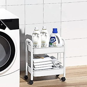 2-Tier Utility Rolling Cart Storage Organizer Sofa Side Table with Wheels, Under Desk Mobile Trolley Organizer with Handle for Office Home Kitchen Organization, White