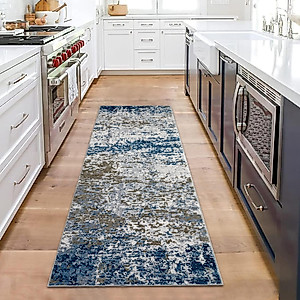 GarveeHome Washable Runner Rug 2x6 Modern Abstract Hallway Rug Soft Laundry Room Rug Non Slip Kitchen Rug Low Pile Accent Rug for Bedroom Bathroom Living Room, Navy