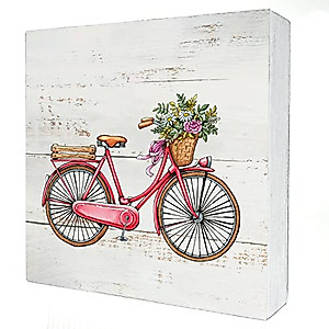 Bicycle and Flowers Spring Wood Box Sign Home Decor Rustic Spring Wooden Box Sign Block Plaque for Wall Tabletop Desk Home Decoration