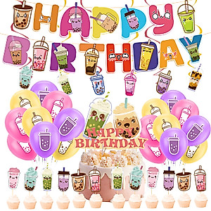 Bubble Tea Party Decorations Boba Tea Birthday Party Supplies Includes Boba Tea Birthday Banner, Spirlas, Cake Topper, Cupcake Toppers, Balloons for Boba Tea Party Decorations Party Favors