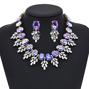 Zthread Luxury Colorful Crystal Statement Necklace Leaf Pendant Choker Eveing Dress Bridal Jewelry Necklace Earrings Set for Women (Purple)
