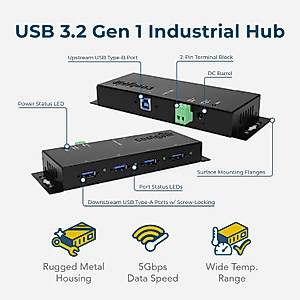 USB 3.2 Gen 1 4-Port Industrial Hub Metal Case with Screw Lock Cable Option