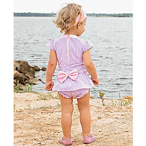 RuffleButts Infant/Toddler Girls Peplum Skirt One Piece Rash Guard Swimsuit - Lilac Seersucker - 12-18m