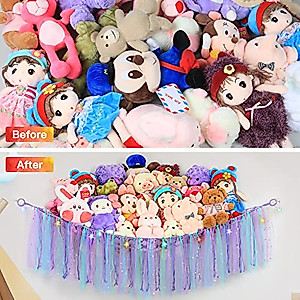 Stuffed Animal Net or Hammock with LED Light, Toy Hammock Hanging Stuffed Animal Storage Organizer Holder Room Décor with Tassels for Nursery Play Room Kids Bedroom (Purple)