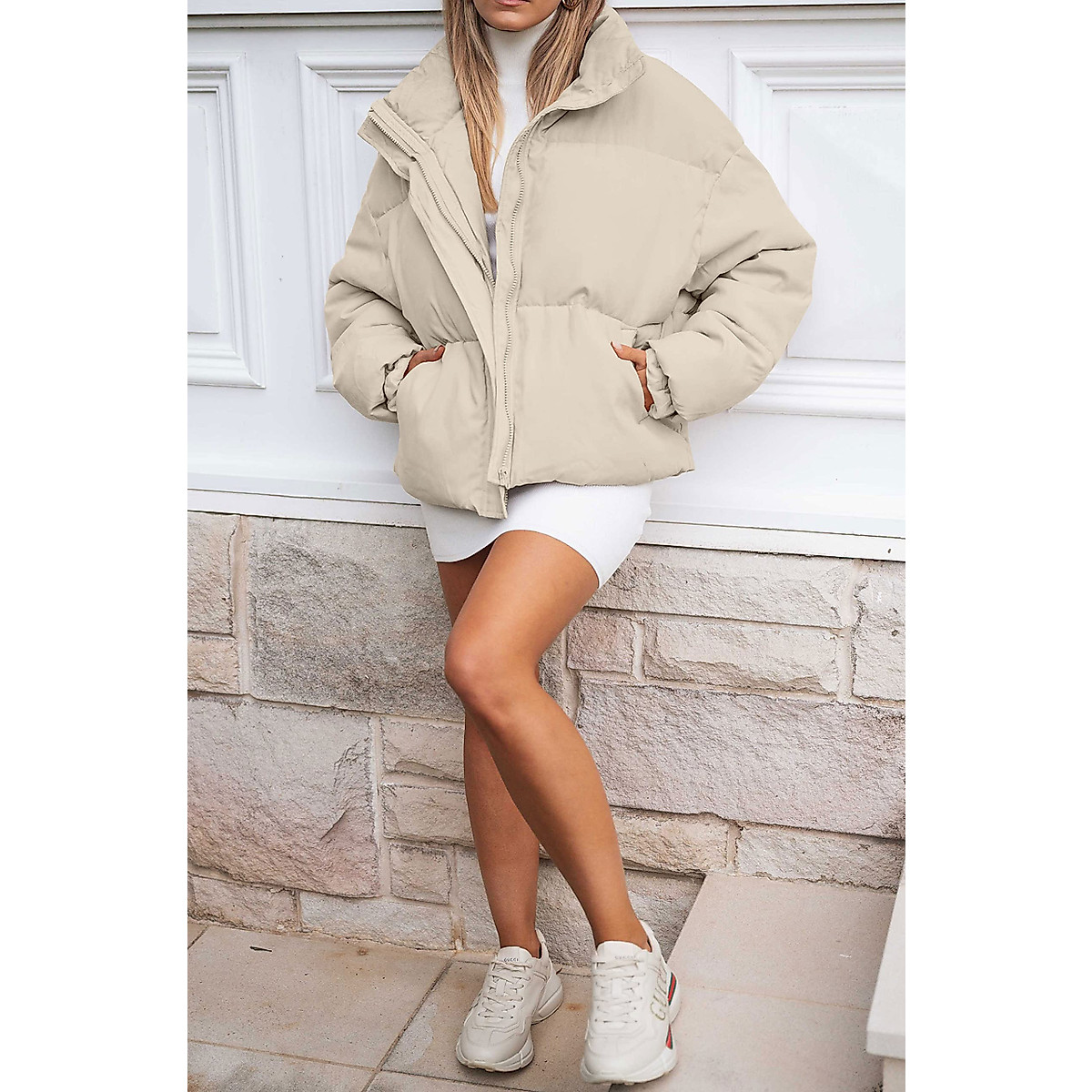 MEROKEETY Women's Winter Long Sleeve Zip Puffer Jacket Stand Collar Baggy Short Coats with Pockets, LightKhaki, XS