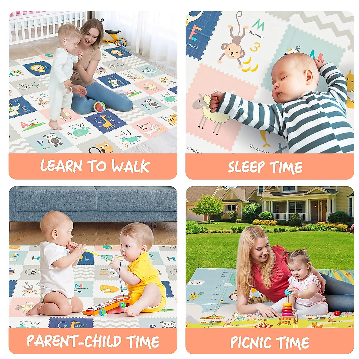 Baby Play Mat, 79 x 71 x 0.4 Inch Folding Baby Crawling Mat, Waterproof Reversible Playmat for Baby Infants Toddlers, Foam Play Mat for Indoor Outdoor Use (Animal Party)