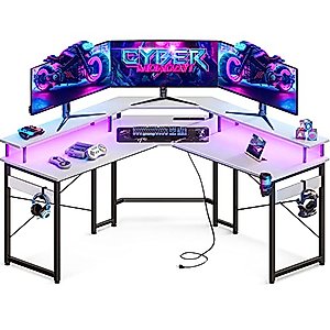 ODK L Shaped Gaming Desk with LED Lights & Power Outlets, 51" Computer Desk with Full Monitor Stand, Corner Gaming Table with Hooks & Cup Holder, White