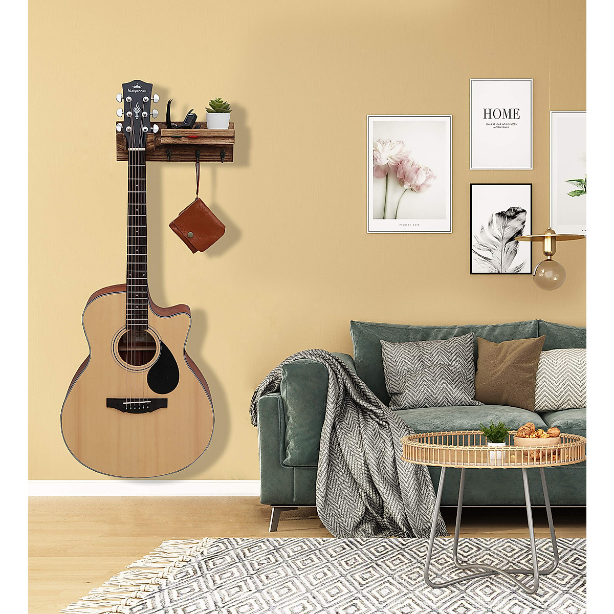 WELLAND Guitar Wall Hanger Guitar Holder Wall Mount, Guitar Accessories Rack with Pick Holder & 3 Hooks