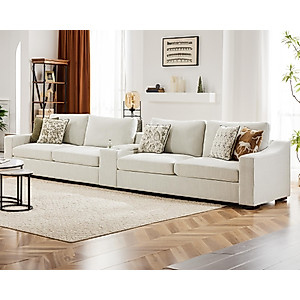 Luxury Sectional Sofa with Console, 2 Cup Holders, Upholstered Modern Linen Fabric 6-Seat Couch with Sloped Armrests & Detachable Cover, Modular Sofas Couches for Living Room, Apartment, Office, Ivory