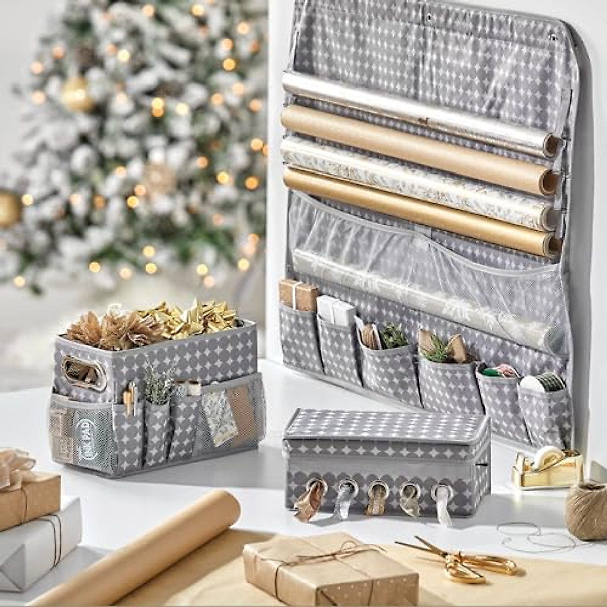 mDesign Gift-Wrapping Ribbon Storage Box with Handles - Holiday Bow Organizer Container with Lid - Christmas Giftwrap Ribbon Holder - Gift Storage Tote Bin and Bow Station with Polka Dots - Gray
