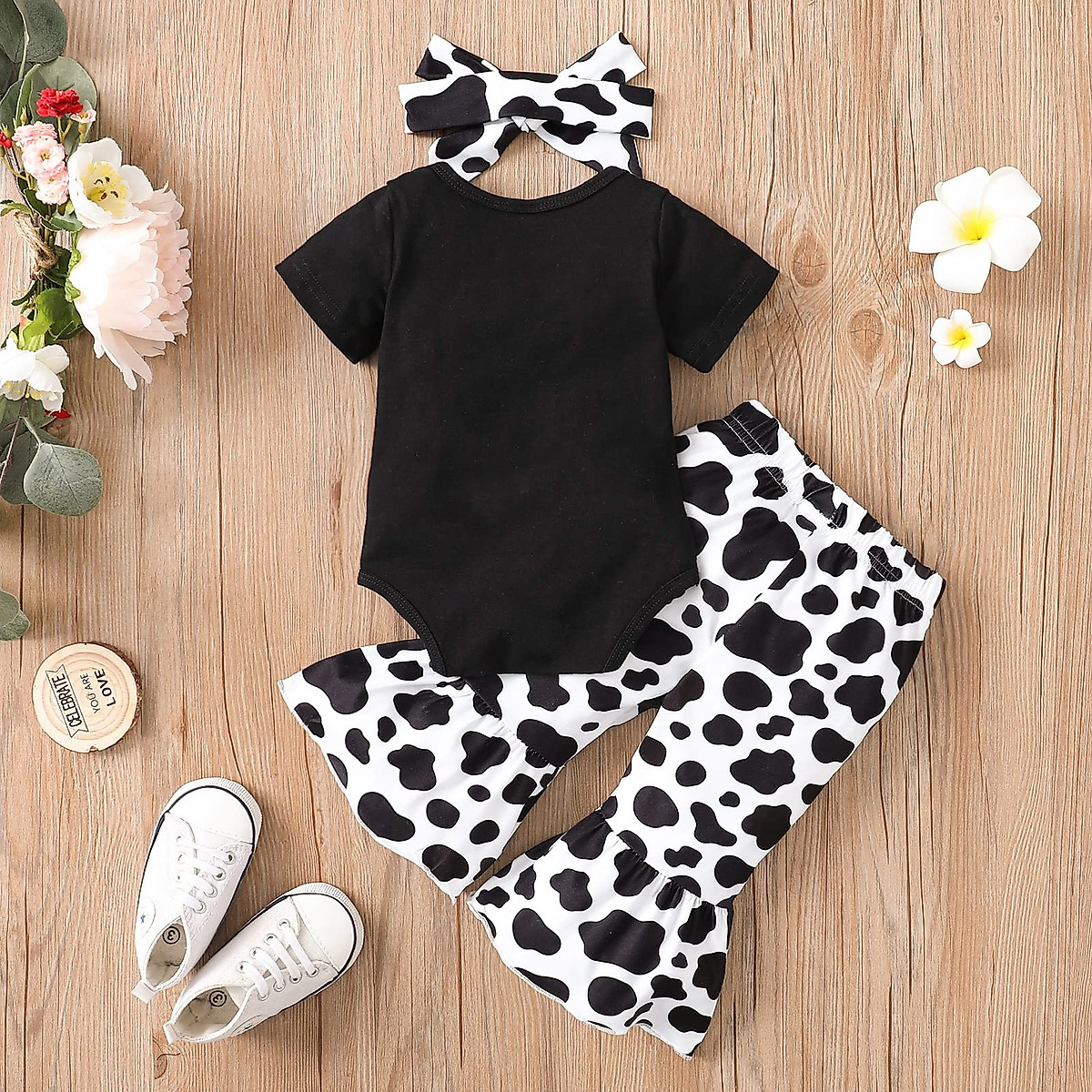 GRNSHTS Newborn Girl Clothes Baby Cow Letter Print Romper+Flared Long Pants+Headband 3PCS Cute Summer Fall Outfits (Black A, 0-3 Months)