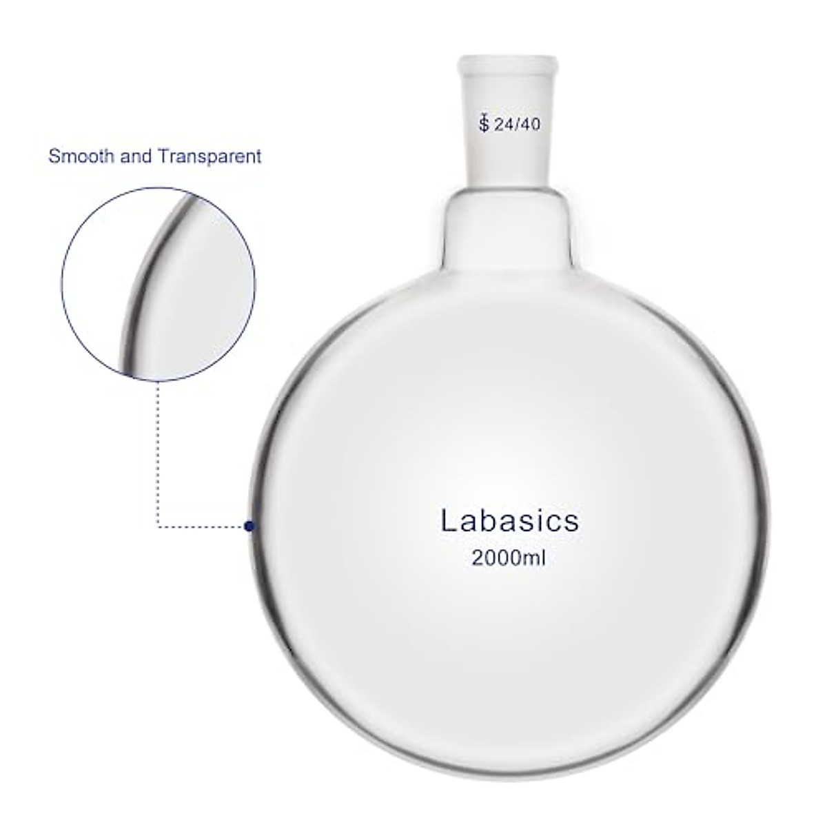 Labasics Glass Round Bottom Flask, Borosilicate Glass Heavy Wall Short Neck Round Bottom Flask RBF Single Neck Flask with 24/40 Standard Taper Outer Joint, 2000 ml
