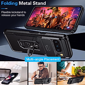 Bestcellcase for Google Pixel 8 Pro Case, [Built-in Rotatable Kickstand Ring & Slide Camera Protector] Heavy Duty Protection Shockproof Dual Layer Phone Case for Pixel 8 Pro 2023 - Black