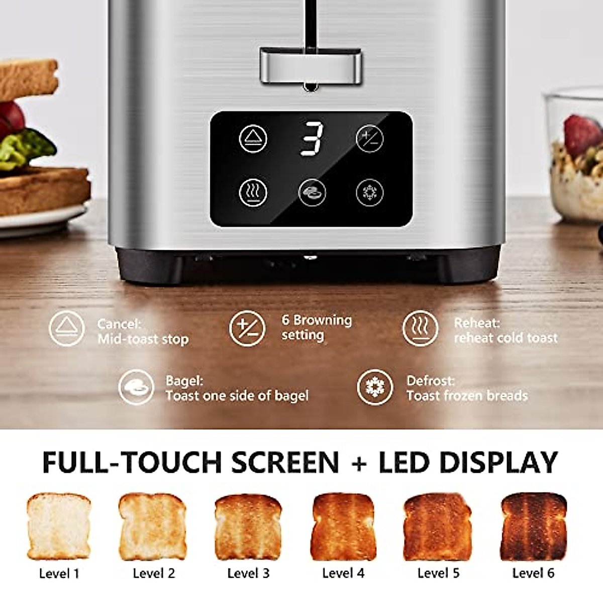 Toaster 2 Slice Extra-Wide 1.57” Slots, REDMOND Stainless Steel Toaster with LED Display, 6 Bread Shade Settings, Defrost/Bagel/Reheat/Cancel Functions and Removable Crumb Tray - 2 Slice