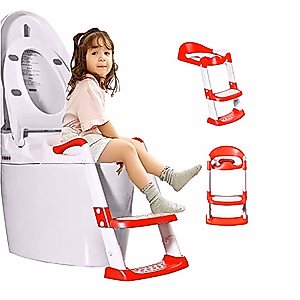 Potty Training Toilet Seat for Kids with Non-Slip Step Stool Ladder,Children Toddler Folding Toilet Training Seat Chair with Soft Cushion and Handles, Height Adjustable Perfect for Girls and Boys(Red)