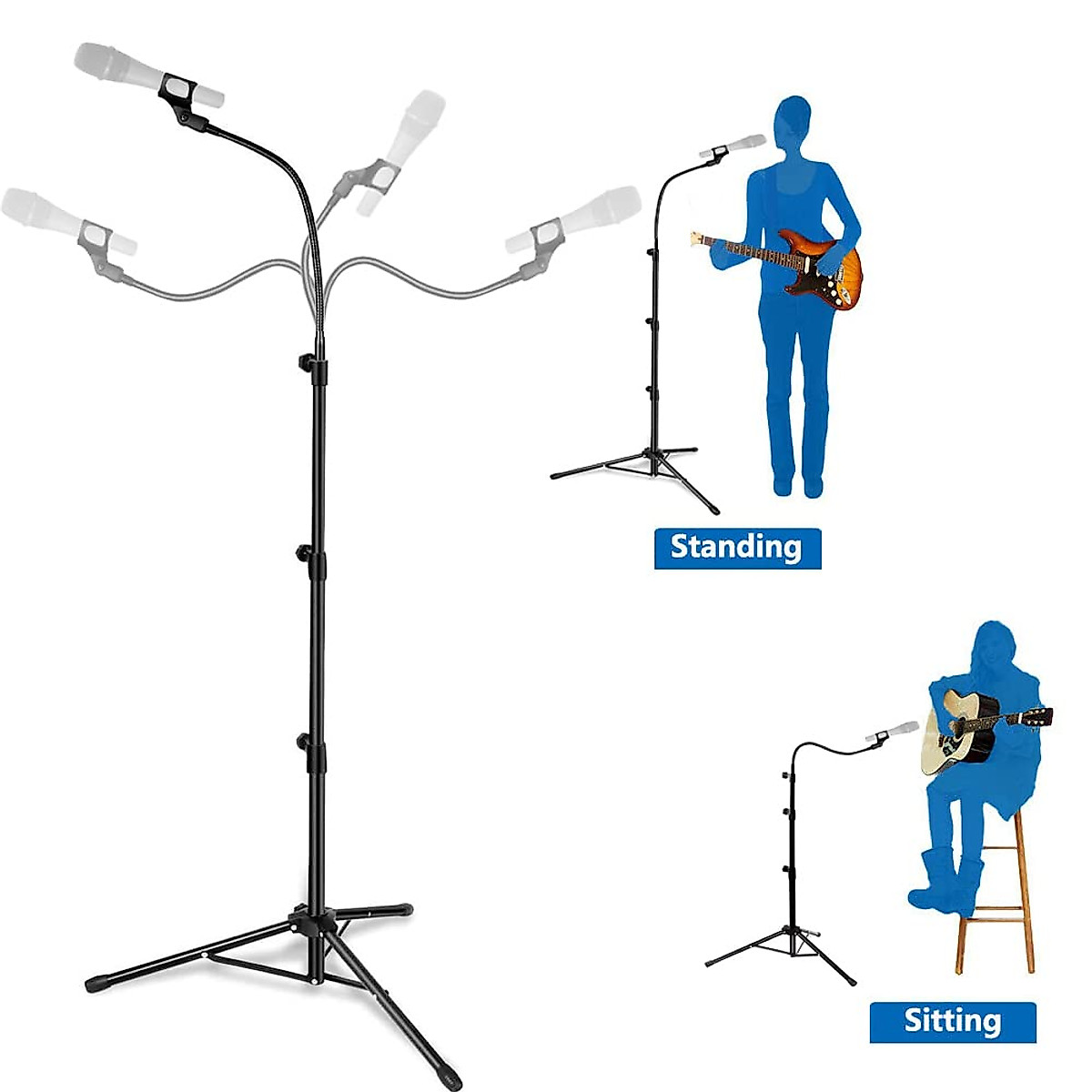 VonSom Microphone Stand Microphone Tripod Adjustable Height Up To 72inch / 183CM Gooseneck Mic Stand Tripod with Carrying Bag Mic Clips Cable Clips, Black