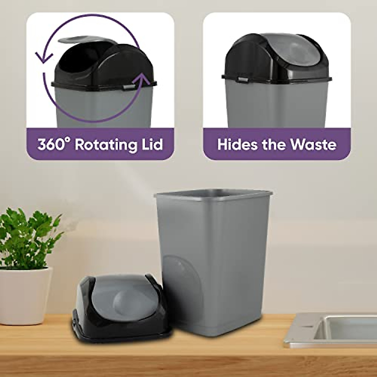 Superio Mini Plastic Trash Can with Swing Top Lid 1.25 Gallon Compact Small Waste Bin Portable Garbage Can for Countertop, Desktop, Make up Vanity, Bathroom, Car, Under Sink, Dorm, 5 Quart (Grey/Black, 3)