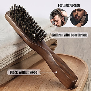 Mens Wild Boar Bristle Hair Brush for Men - Slick Back Hair Brush - Stiff Bristles for Thick Hair, Natural Black Walnut Wooden Handle Hairbrush, Beard Mustache Brush Comb by GAINWELL