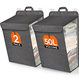 Lifewit 50L Hanging Laundry Hamper, 2 Pack Collapsible Large Opening Portable Laundry Basket with Lid and Handle, Wall Mounted Mesh Dirty Clothes Hamper Over the Door and Wall for Bathroom Dorm, Black